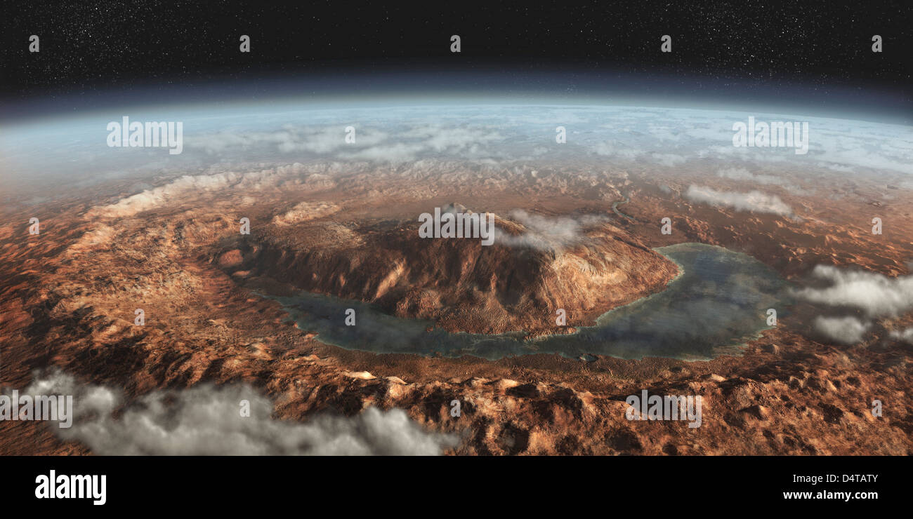 Artist's concept showing a lake of liquid water around Gale Crater on ...