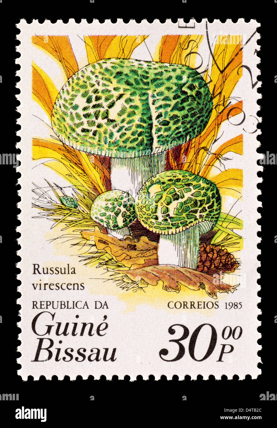 Postage stamp from Guinea Bissau depicting a green russula mushroom ...