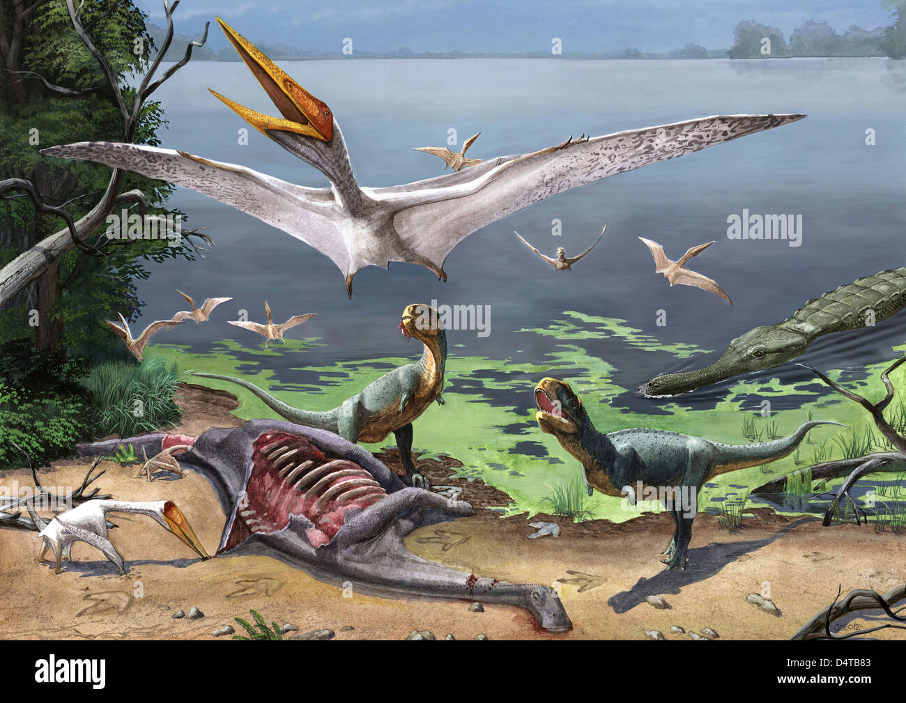 Rugops primus dinosaurs and Alanqa pterosaurs mortify a dead carcass ...