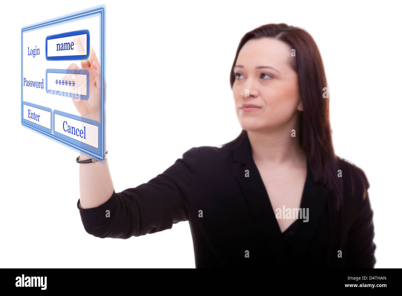 Woman touching a virtual name button studio shot Stock Photo - Alamy