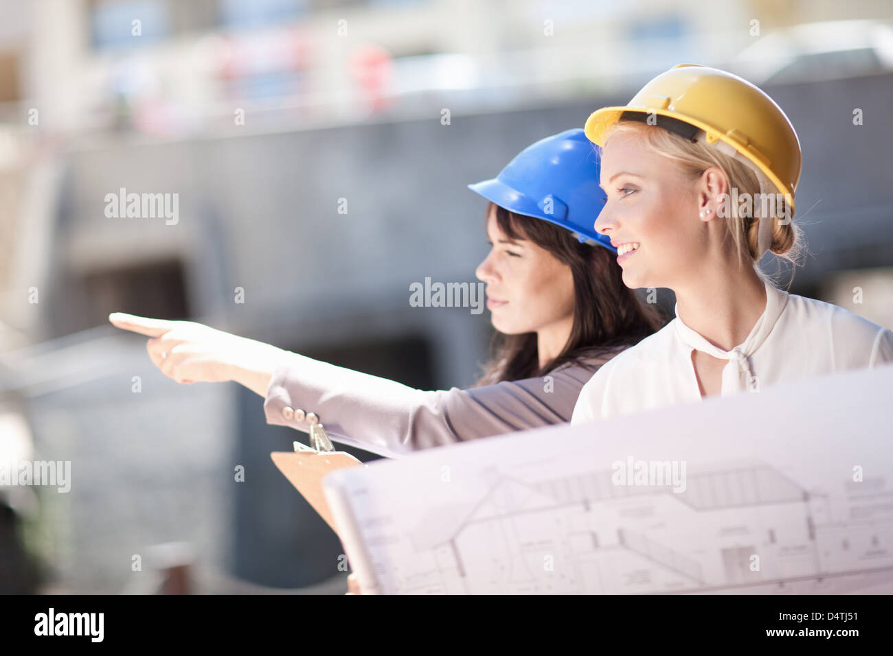 Businesswomen reading blueprints Stock Photo - Alamy