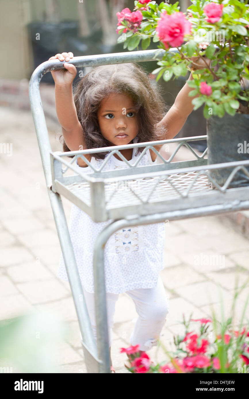 Girl pushing cart in plant nursery Stock Photo - Alamy