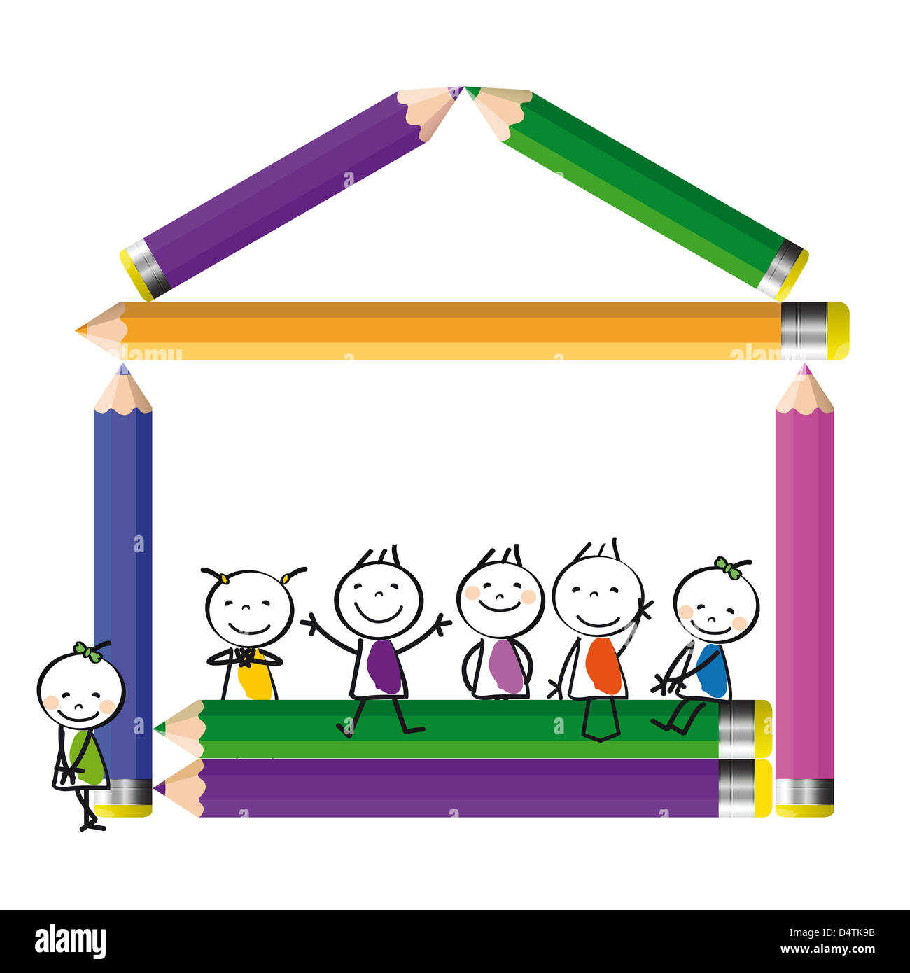 Happy colorful kids on house with crayons Stock Photo - Alamy
