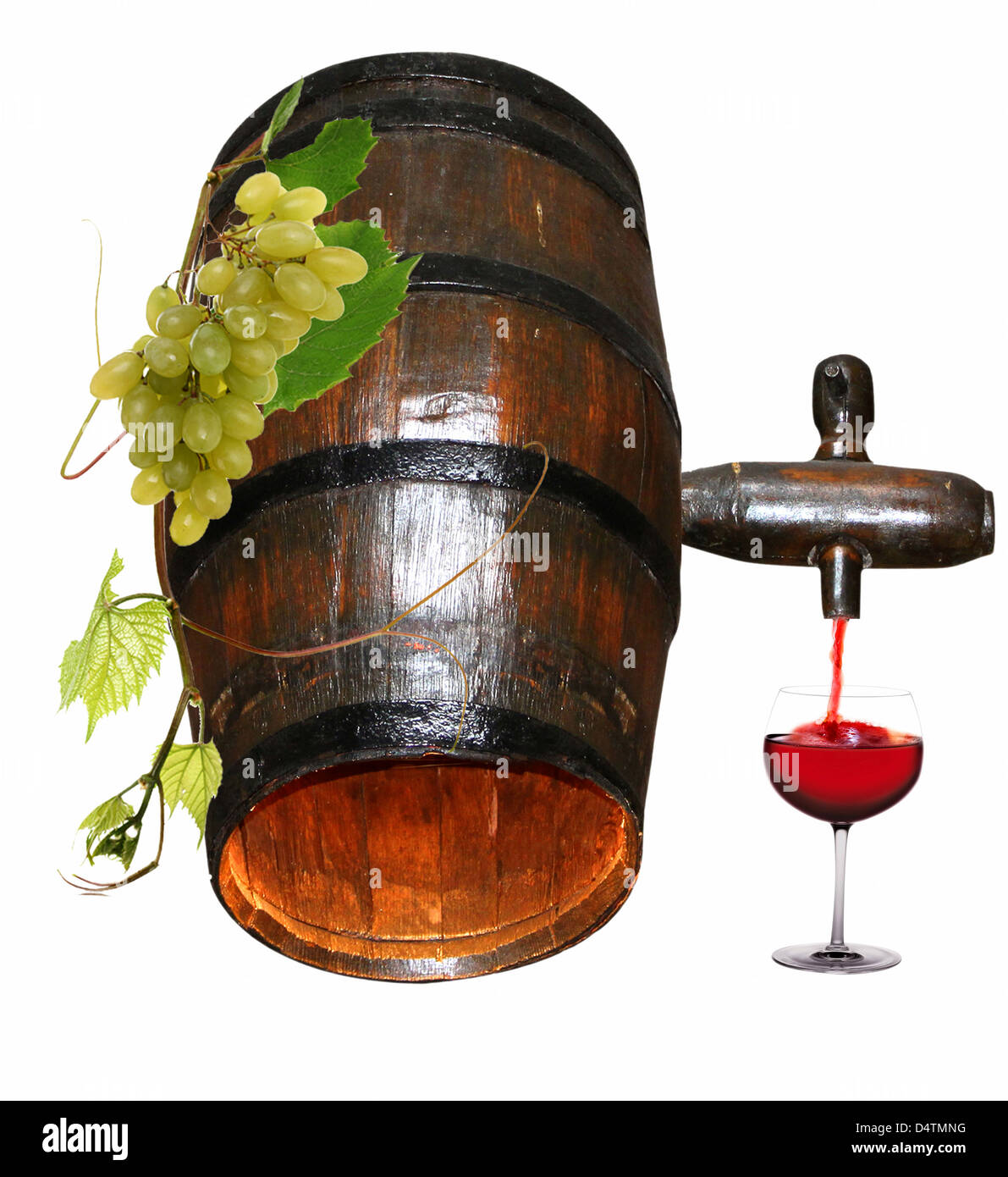 red wine flowing from a barrel with a bunch of grapes and a glass of ...