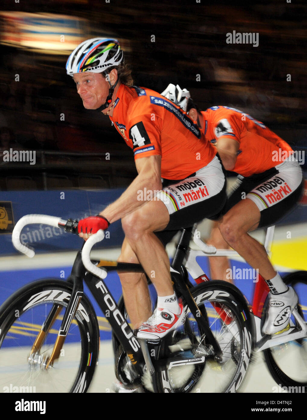 Swiss cyclists Bruno Risi (L) and Franco Marvulli seen in action during ...