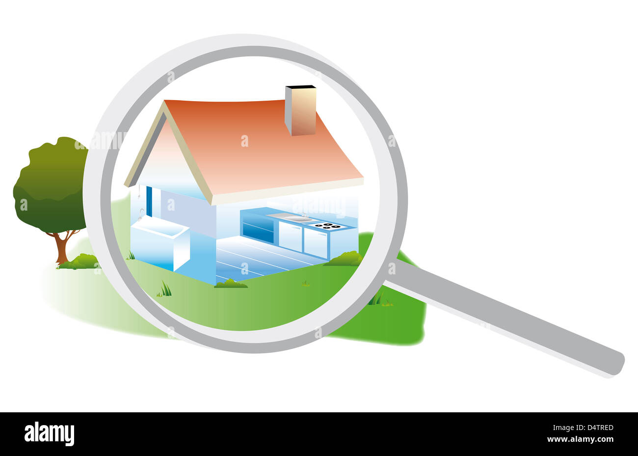 Drawing of a house exterior and interior with a magnifying glass to an ...