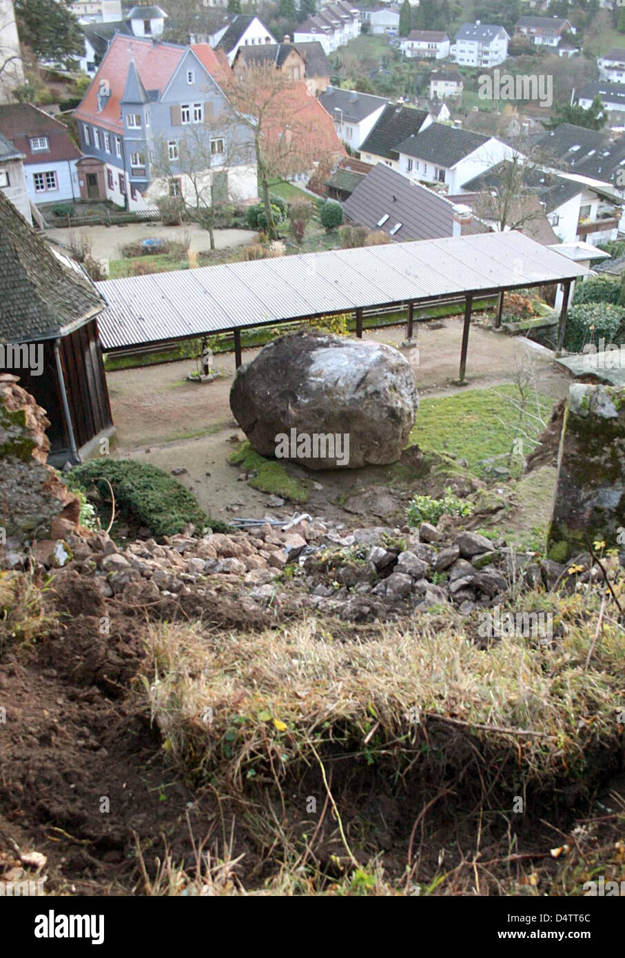 A hughe granite rock lies at the foot of Lindenberg Castle in ...