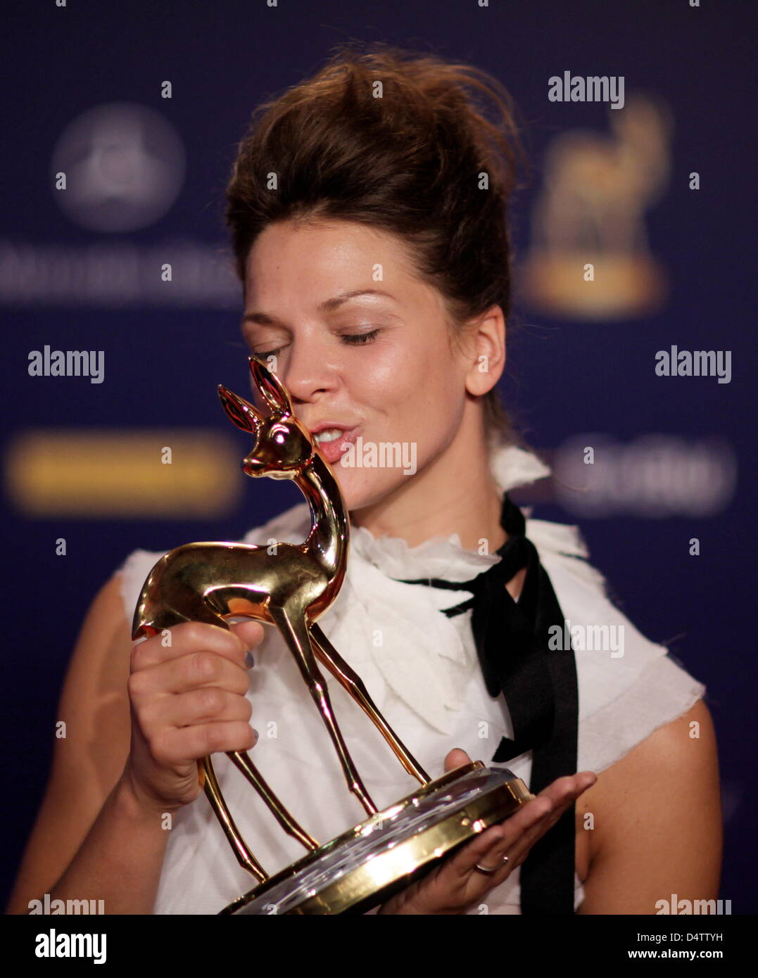 German actress Jessica Schwarz smiles with the Bambi 2009 award at the ...