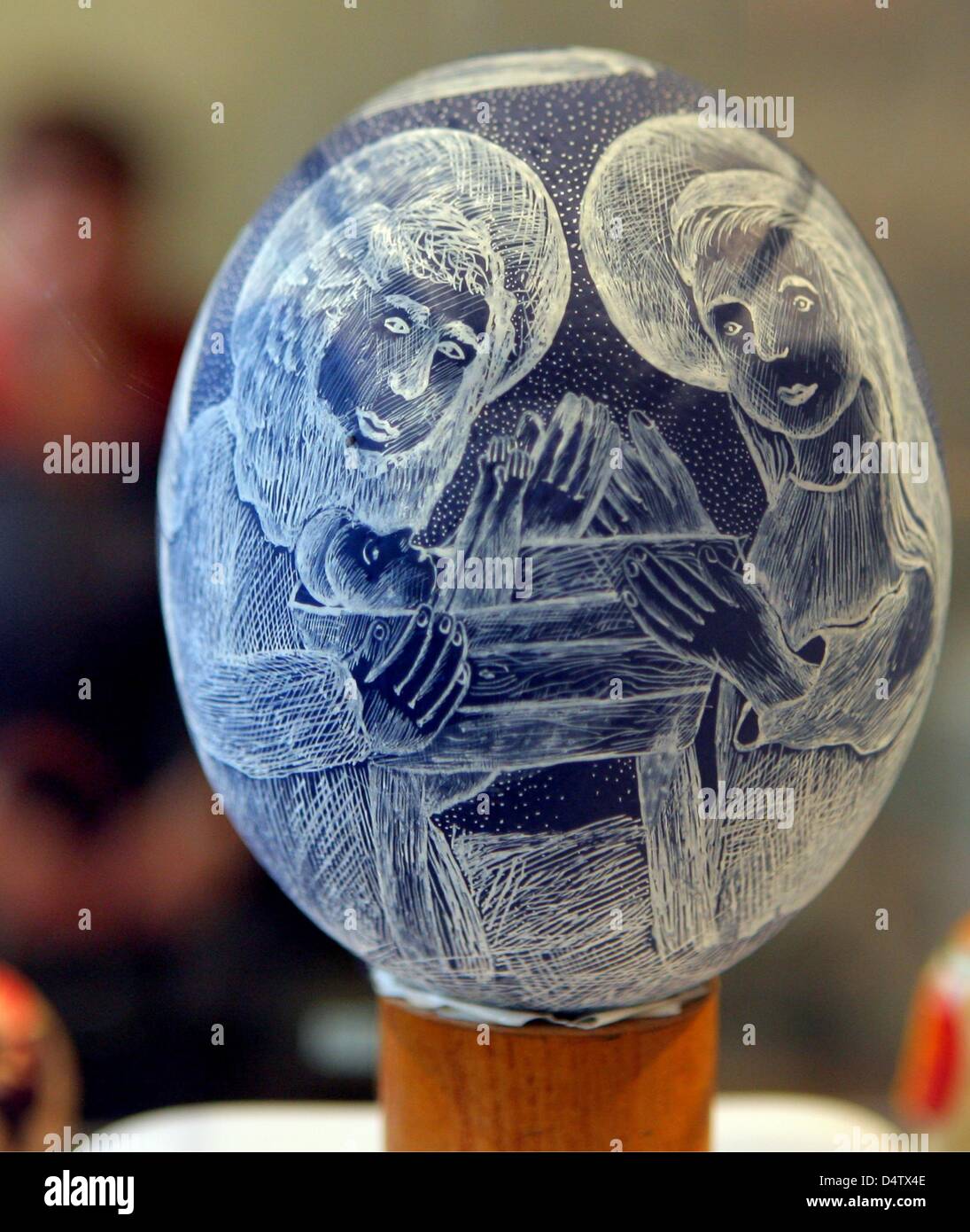 A Christmas chreche is carved into an ostrich egg which can be seen at ...
