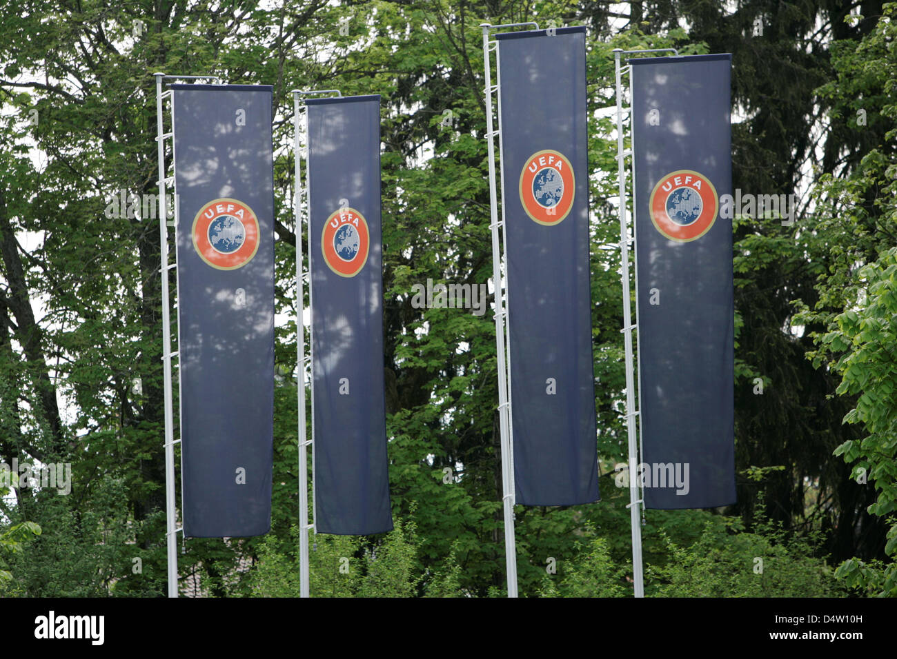 Flags wave in front of the UEFA (Union of European Football ...