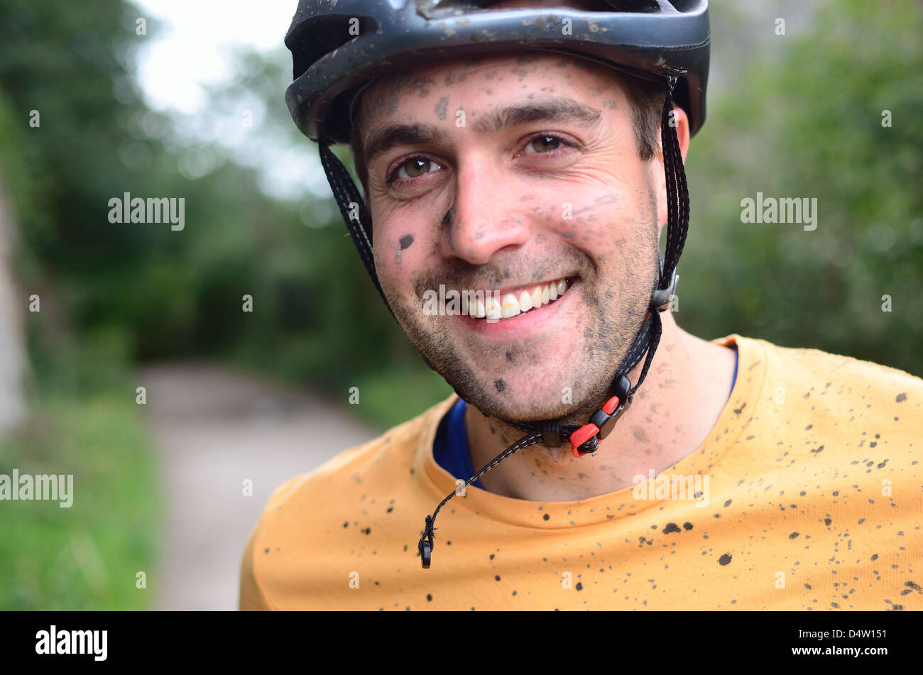 Mud splattered face of a cyclist. Avon Gorge, National Route 41 ...