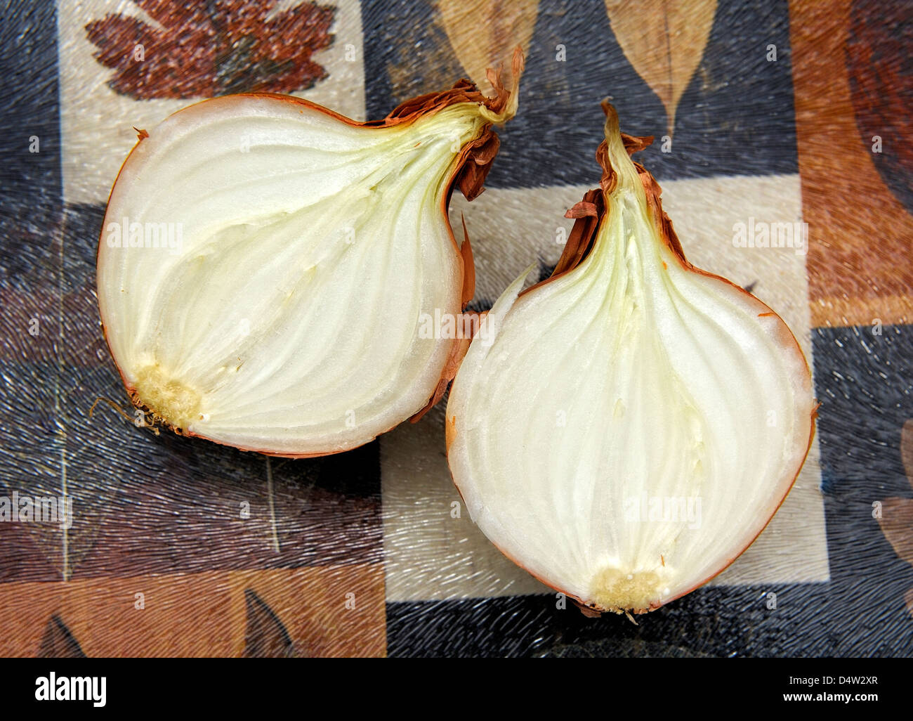 An onion cut in half on a kitchen chopping board Stock Photo - Alamy