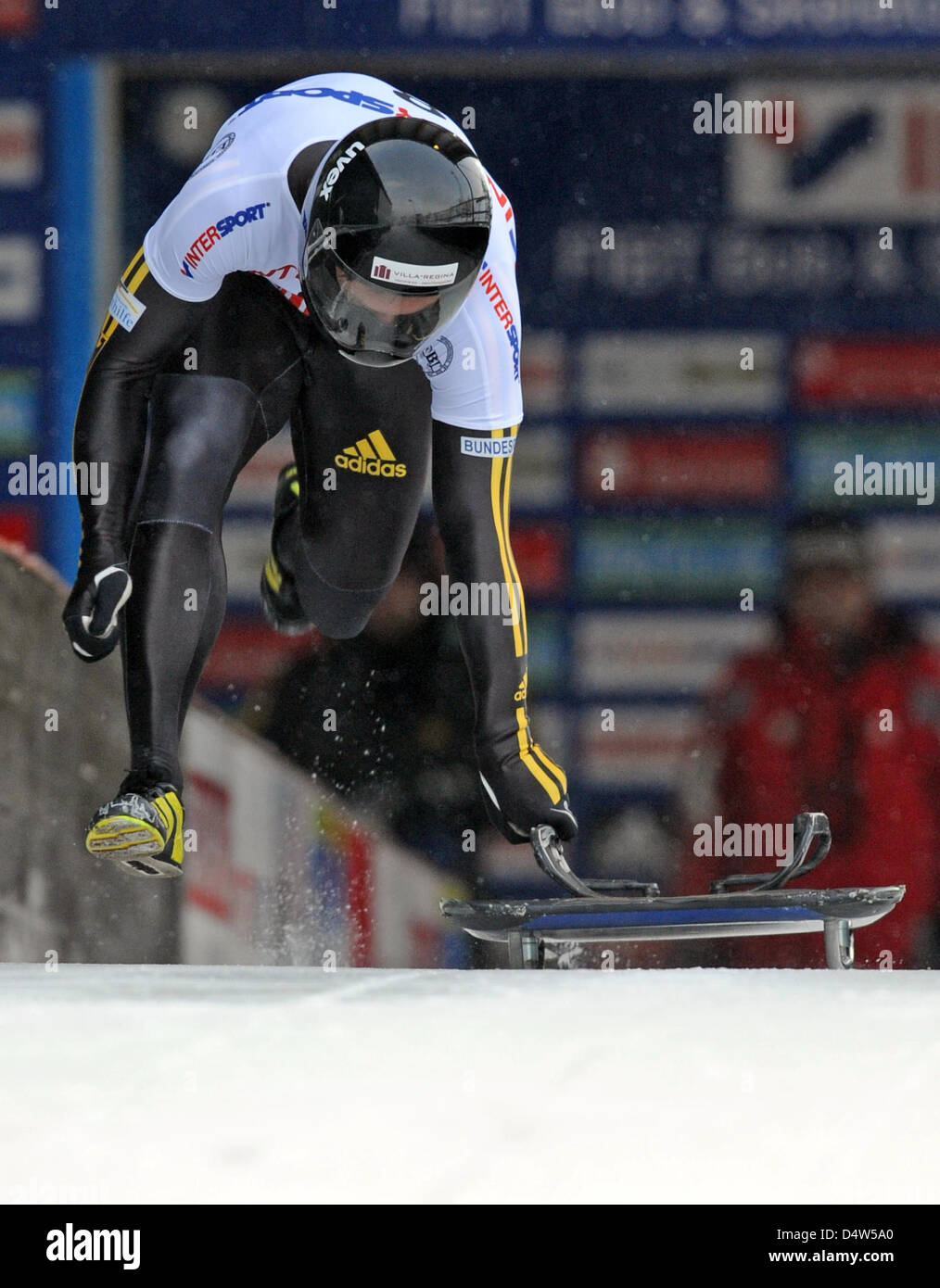 German skeleton racer Michi Halilovic takes off for a race during the ...