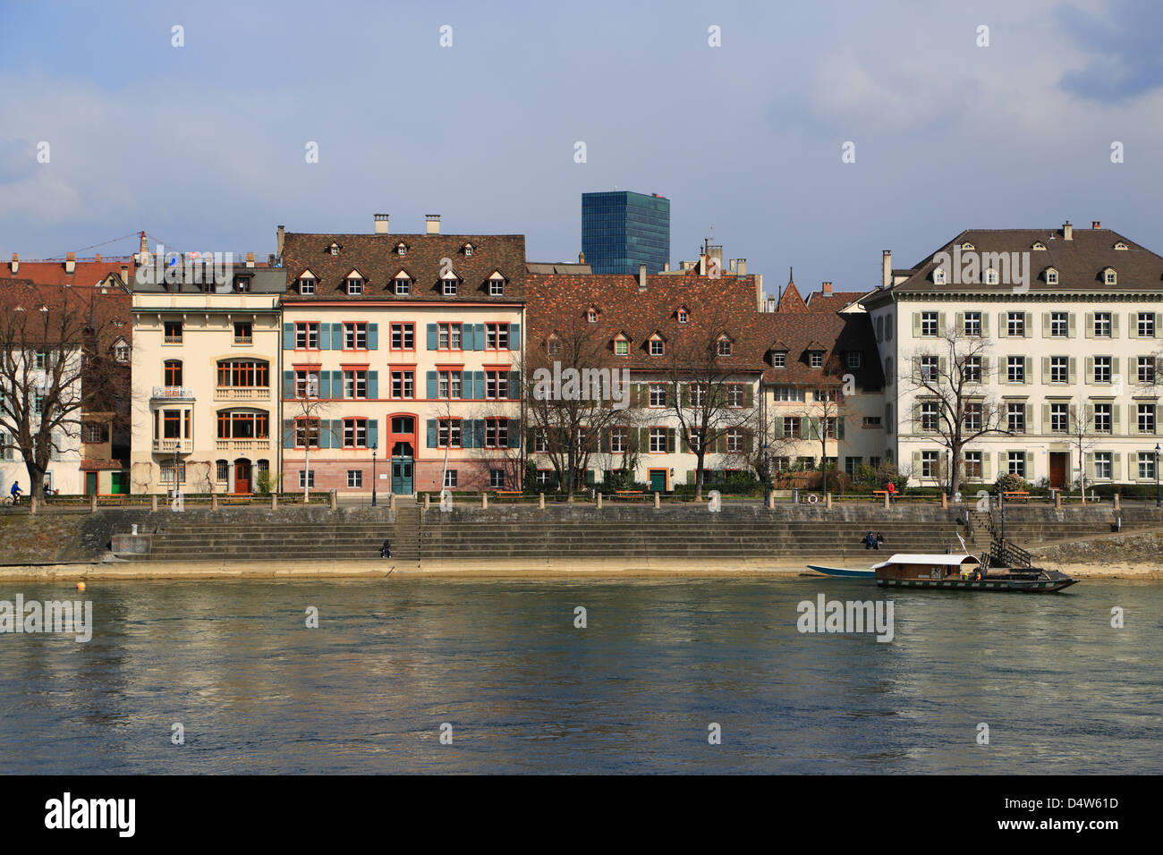Houses on the river bank in Basel, Switzerland. River Rhine. Taken in ...