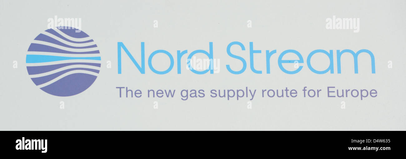 The logo of Nord Stream at the former site of a nuclear power station ...