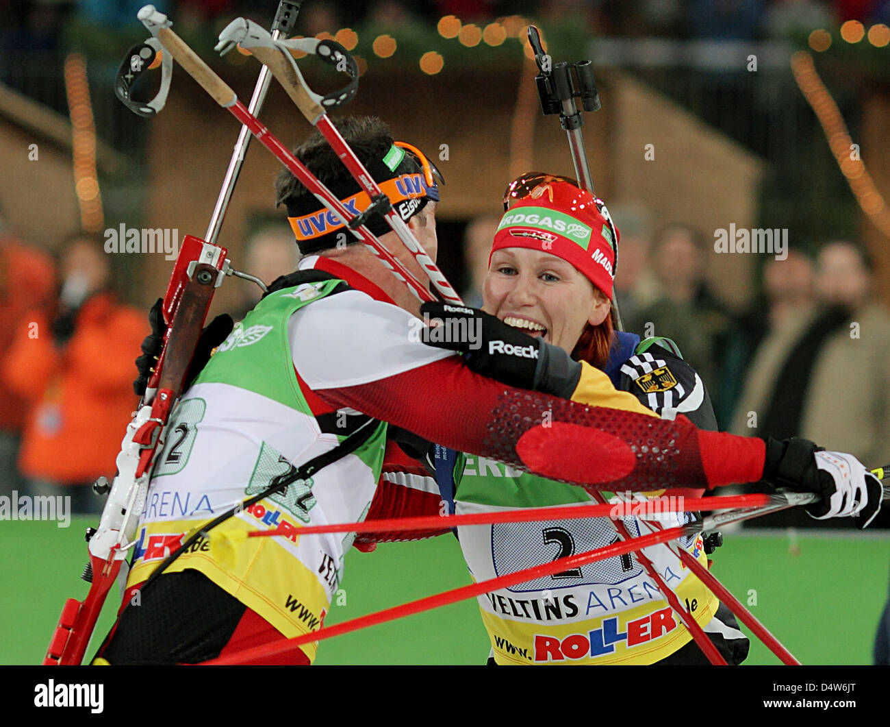German biathlete Kati Wilhelm (R) and her Austrian partner Christoph ...