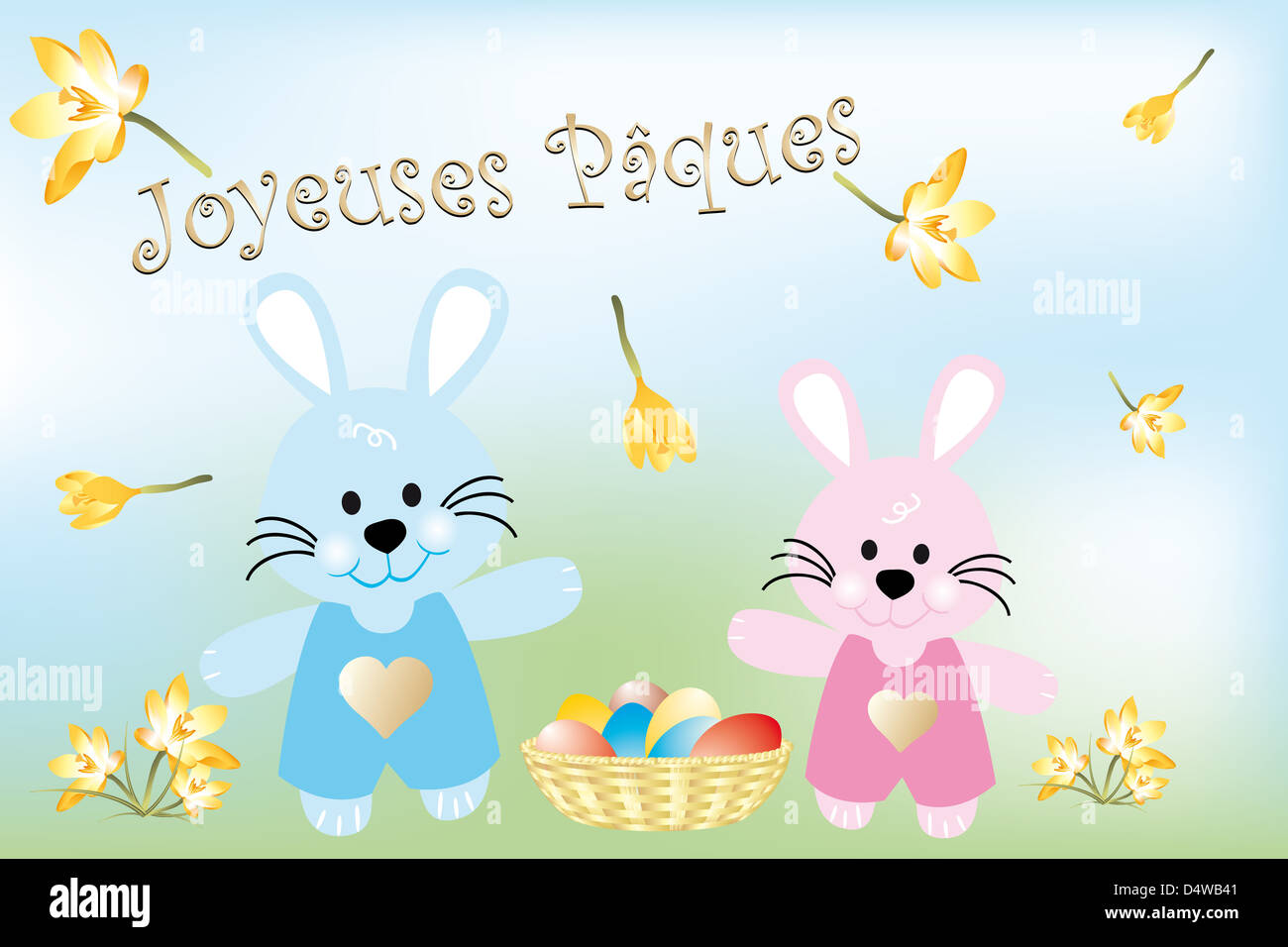 Little Easter bunnies and Easter eggs in basket with French text ...