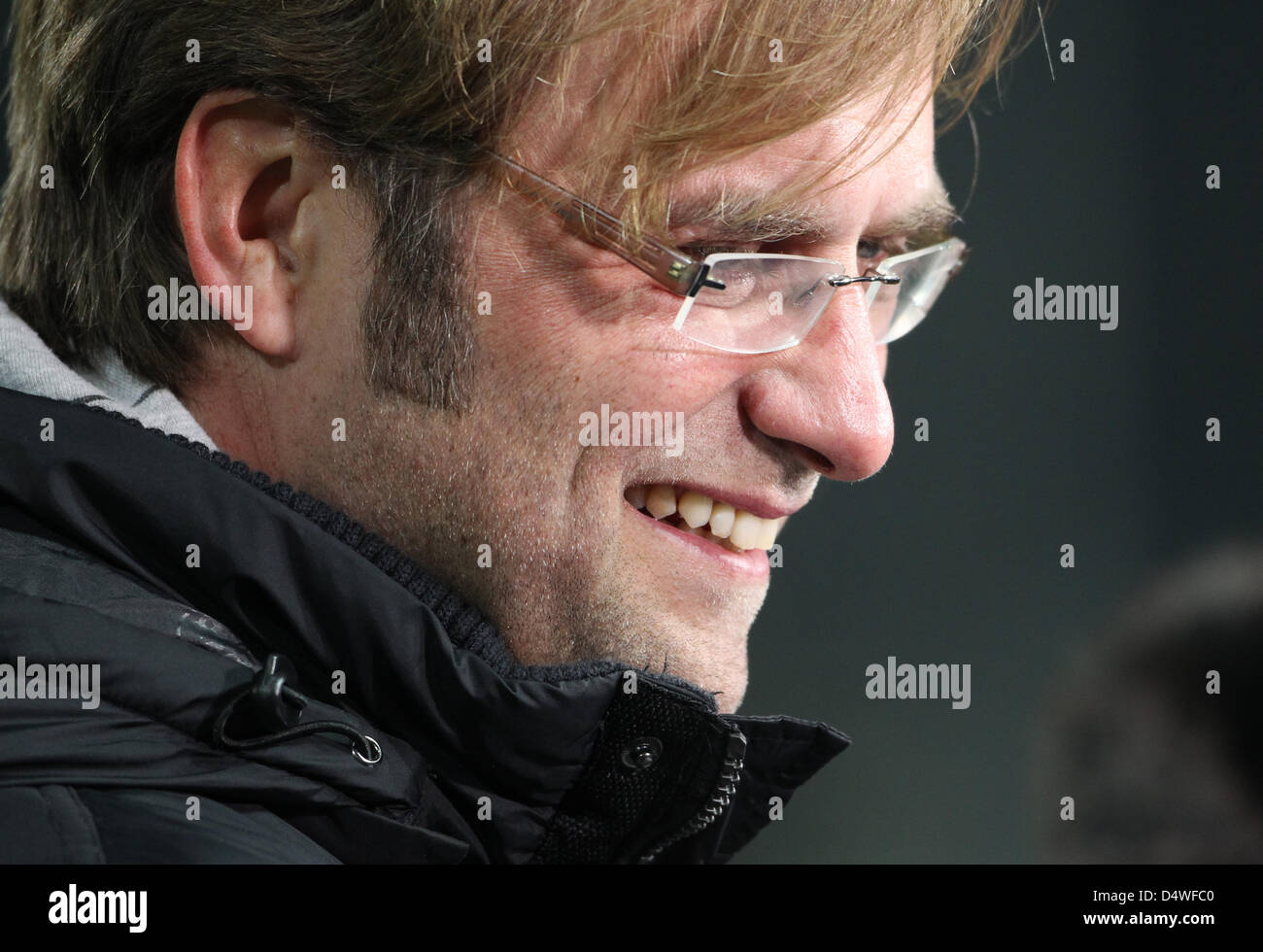 Dortmund's coach Juergen Klopp smiles during a TV interview after a ...