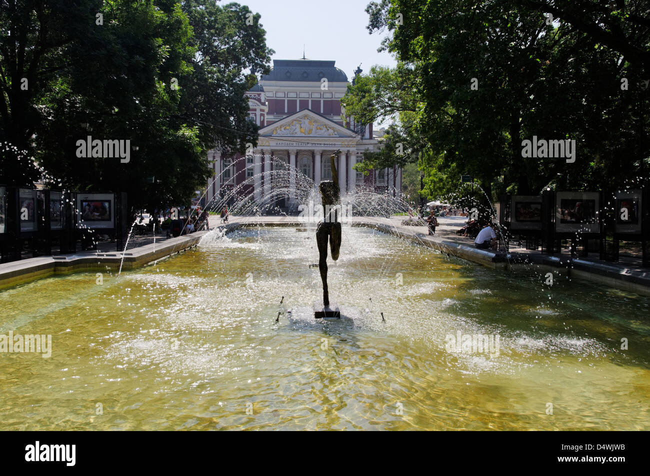 Sofia. Bulgaria. Water fountain sculpture in front of the elegant neo ...