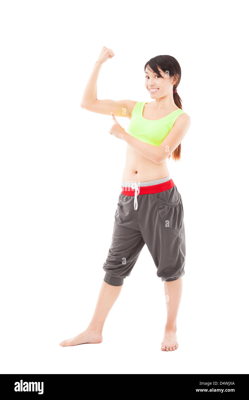 happy young fitness woman pointing the muscle Stock Photo - Alamy