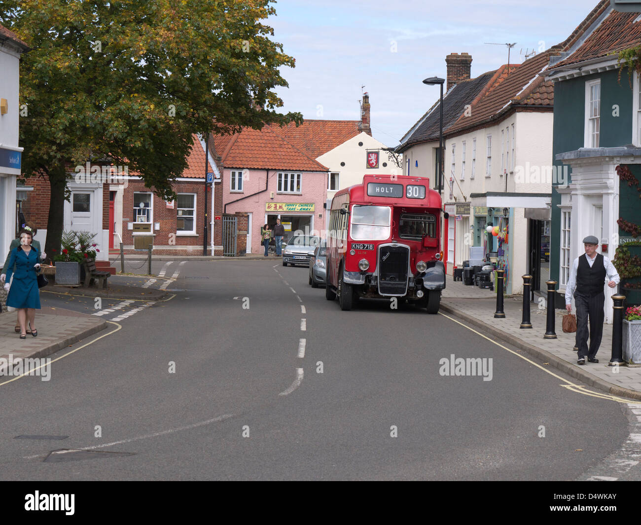 Vintage bus and 1940's reenactors,Holt High Street,Holt,Norfolk Stock ...