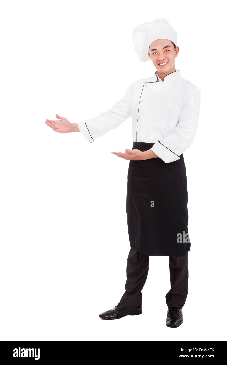 happy asian chef with welcome gesture Stock Photo - Alamy