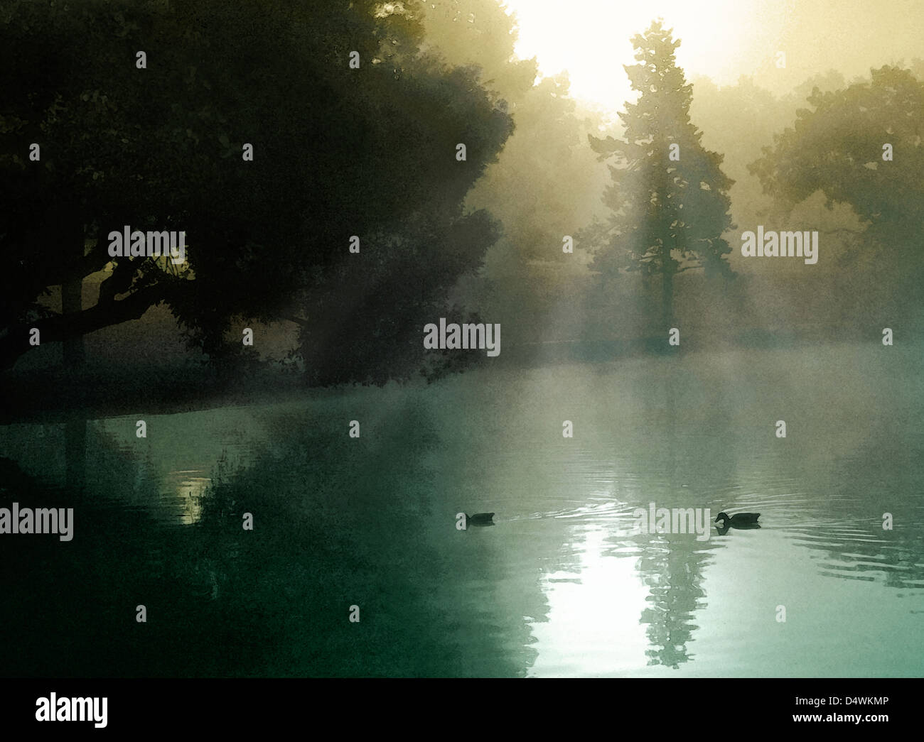 Beautiful painting of morning sunlight streaming through mist and trees ...