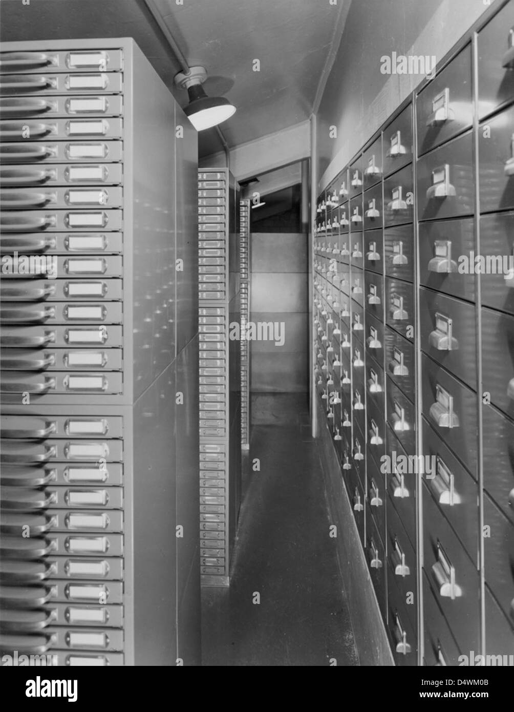 This 1941 photograph showcases new sound recording storage equipment ...