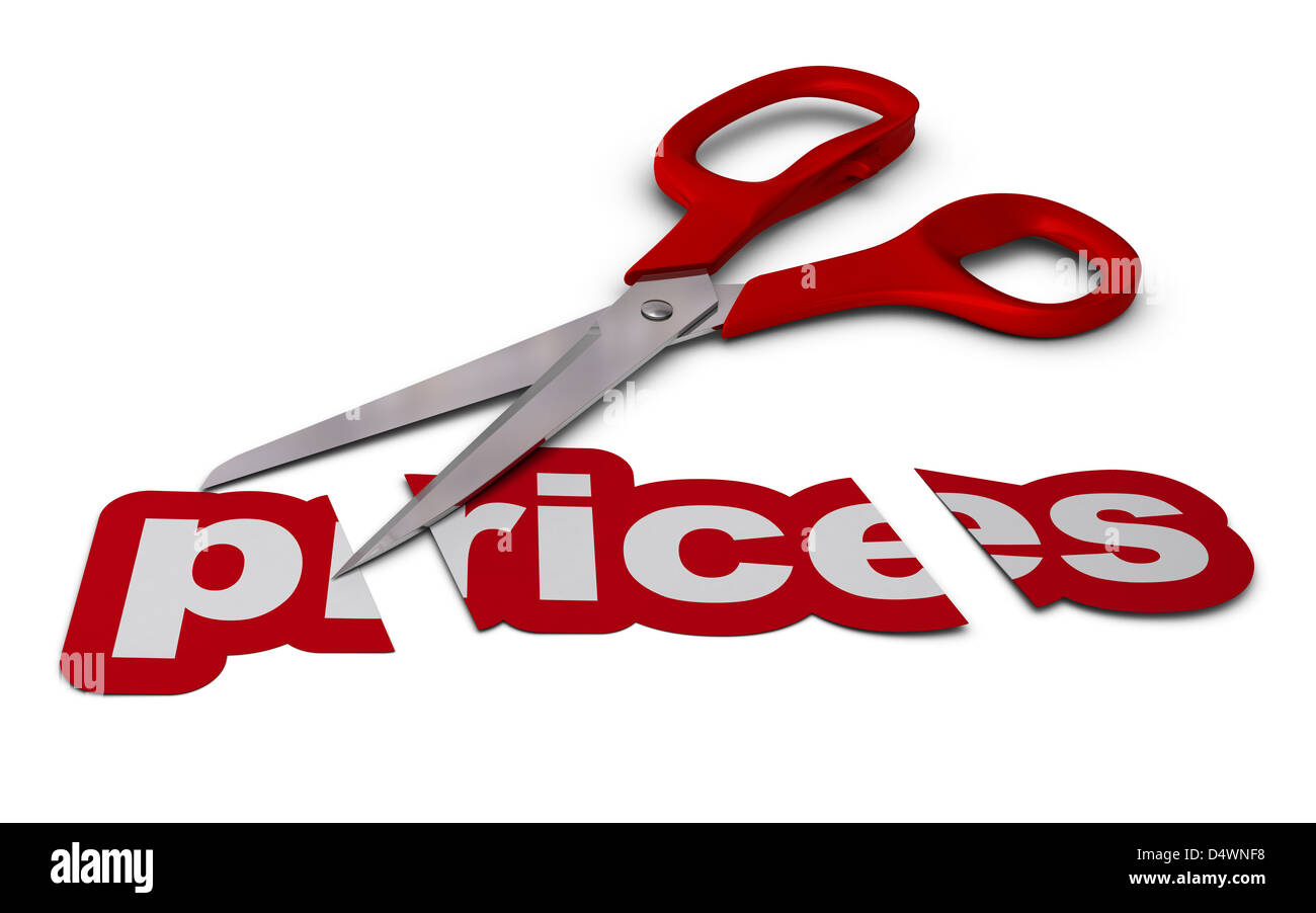 word prices cut in three parts with red scissors, white background ...