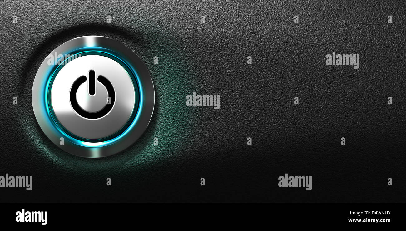 pushed power button of a computer with blue light, black background ...