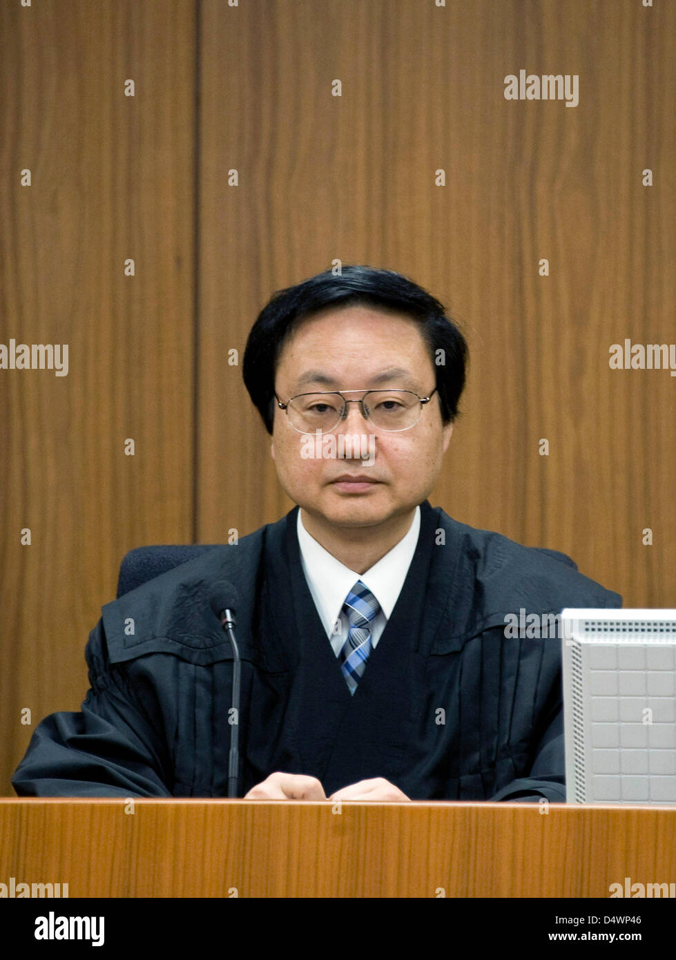 Photo shows Judge Masaharu Ashizawa inside court room 416 at the Tokyo ...