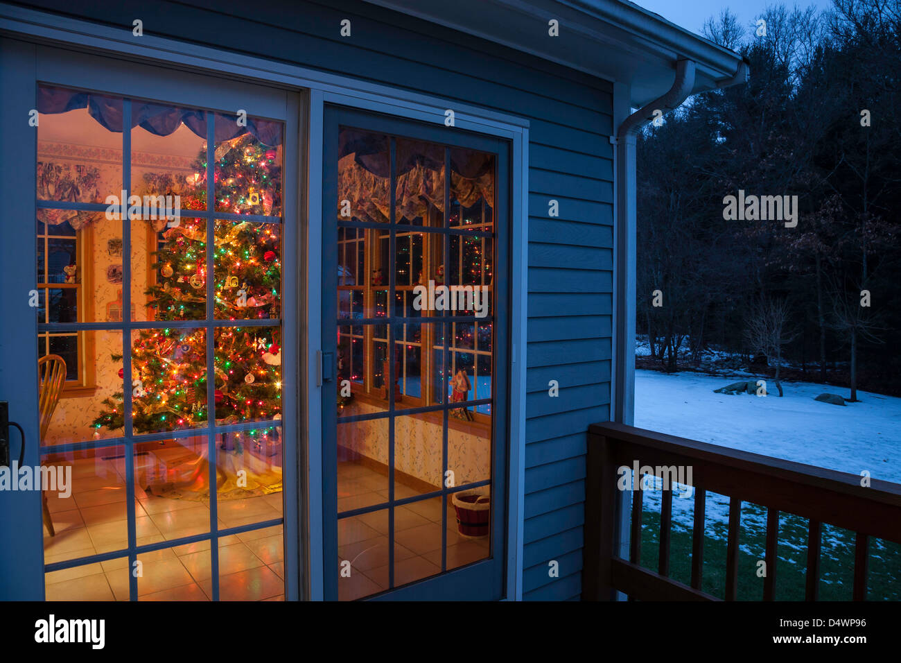Christmas Tree Viewed through Window of Residential Home, USA Stock ...
