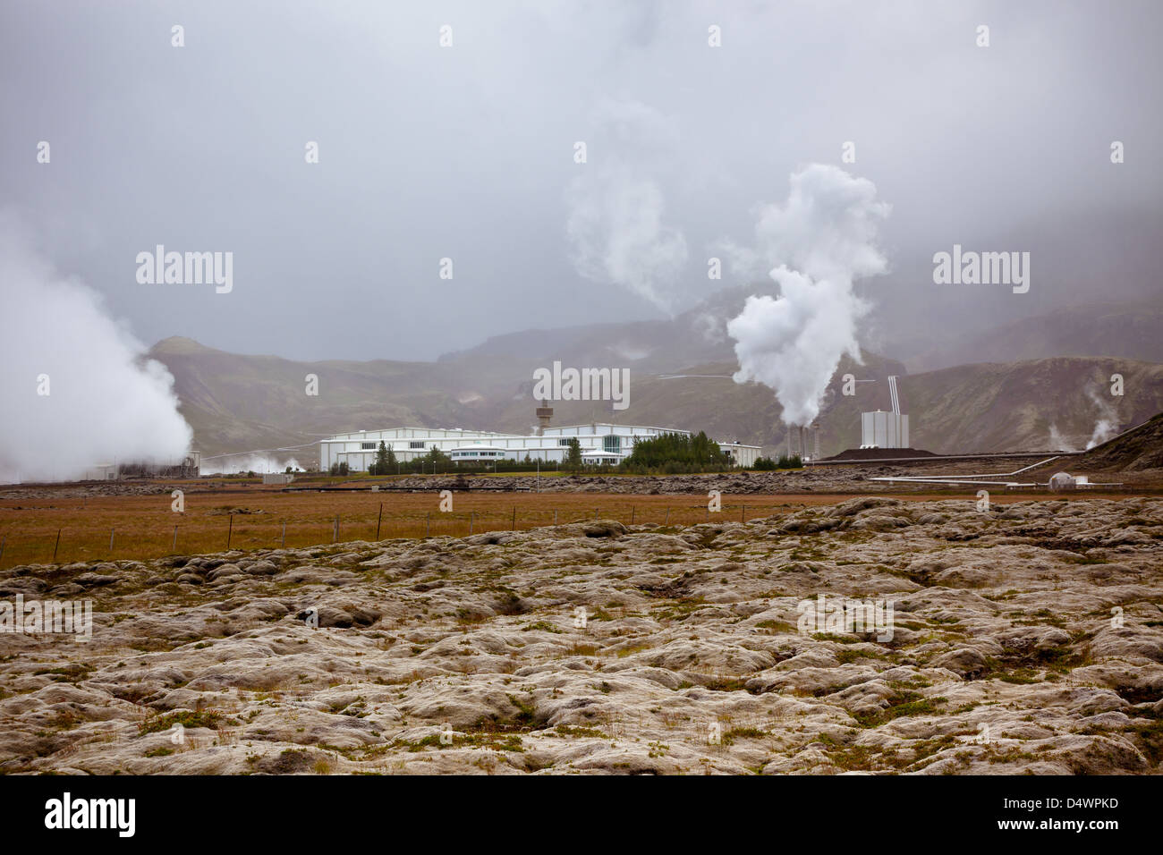 Geothermal Power Station in Iceland. Lava and moss as a foreground ...