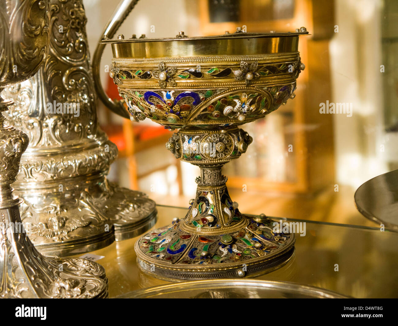 Church vessels in silver in Ripon Cathedral in North Yorkshire England ...