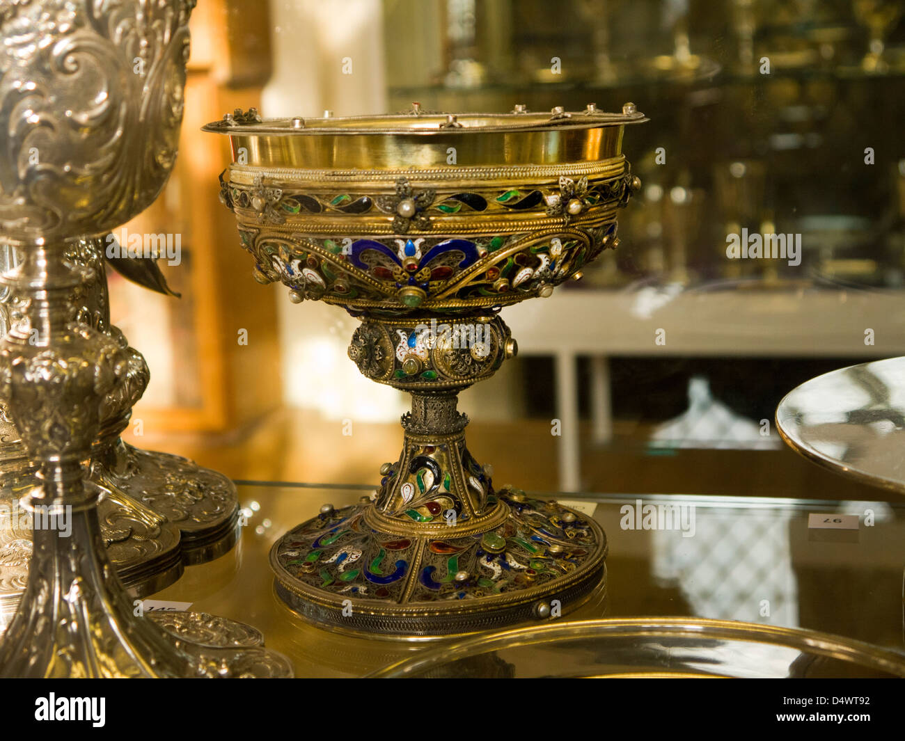 Church vessels in silver in Ripon Cathedral in North Yorkshire England ...