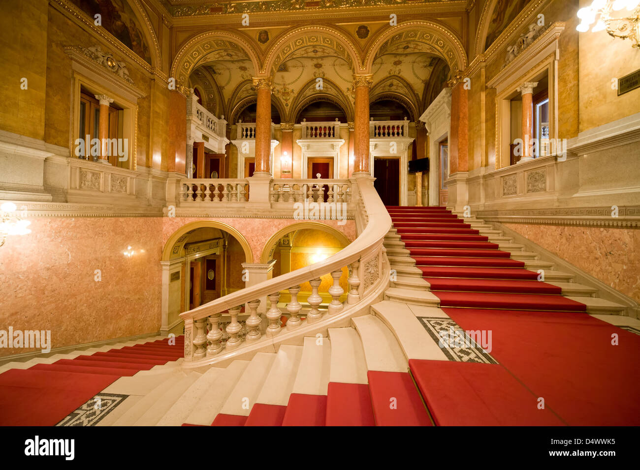 Budapest Opera House main interior staircase with red carpet, Hungary ...