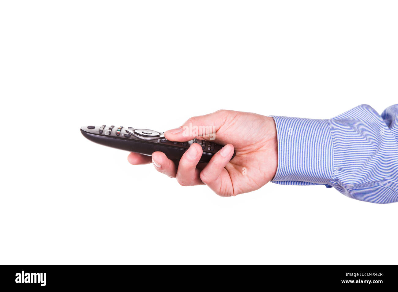 Male hand holding TV remote control isolated on white background Stock ...