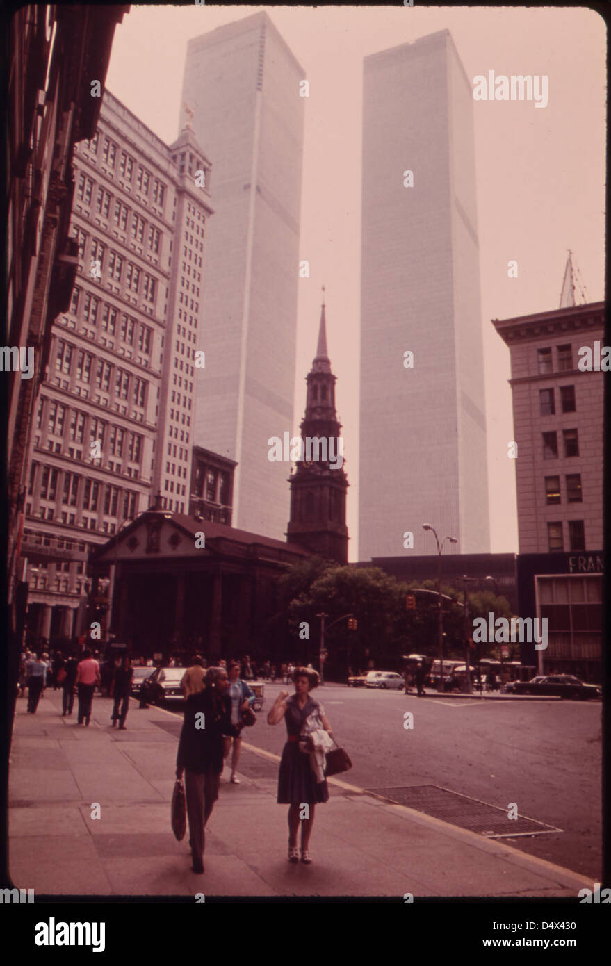 Trinity Church on Lower Broadway, with the World Trade Center towers ...