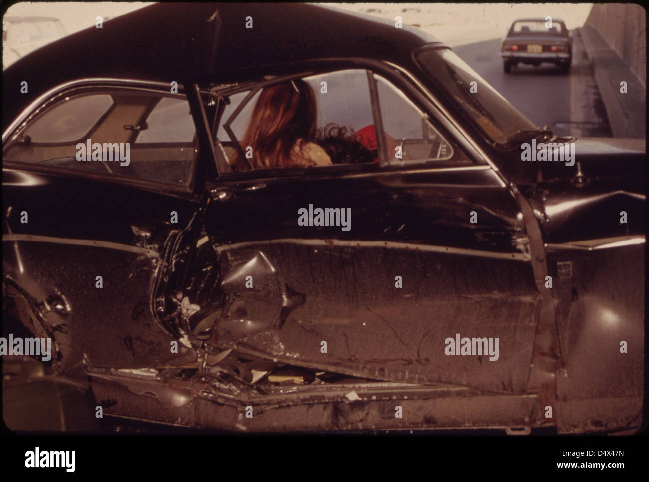 A photograph from February 1973 showing the aftermath of an auto ...