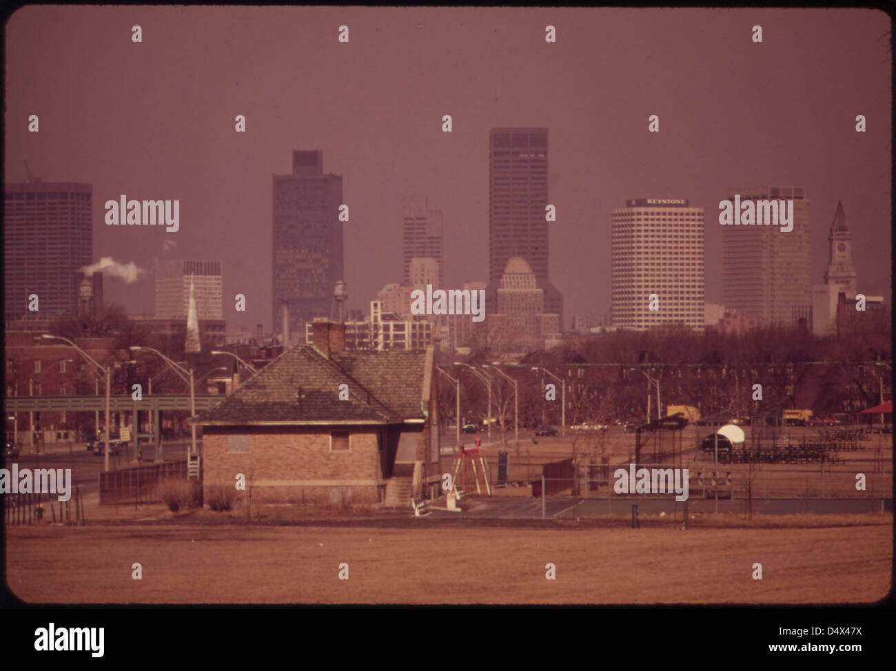A 1973 photograph of smog over Boston, taken from the Columbia Point ...