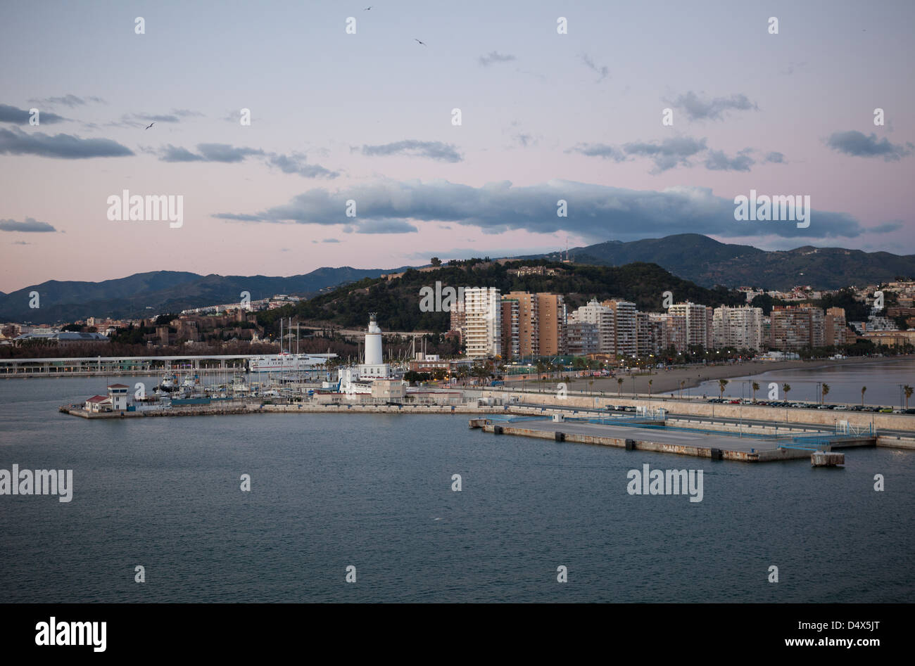 Malaga seafront and harbour showing the Cruise liner dock, for visiting ...