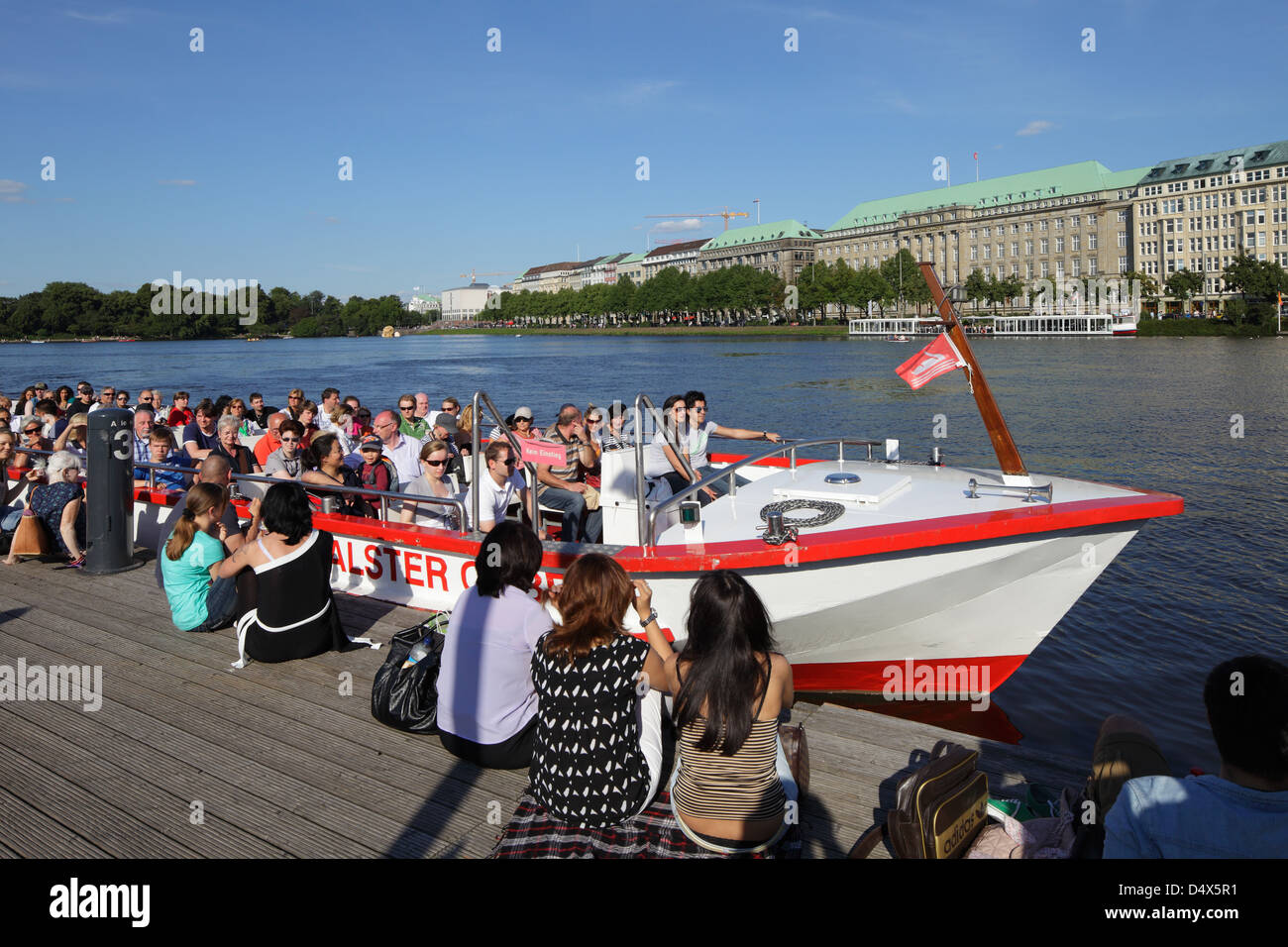Hamburg, Germany, people are sitting on a jetty on the Inner Alster ...