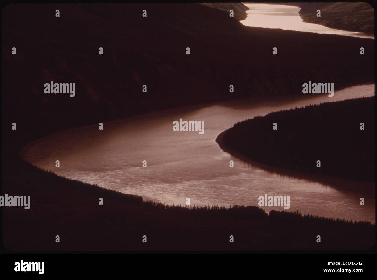 A 1973 photograph shows a sharp bend in the Yukon River, located three ...