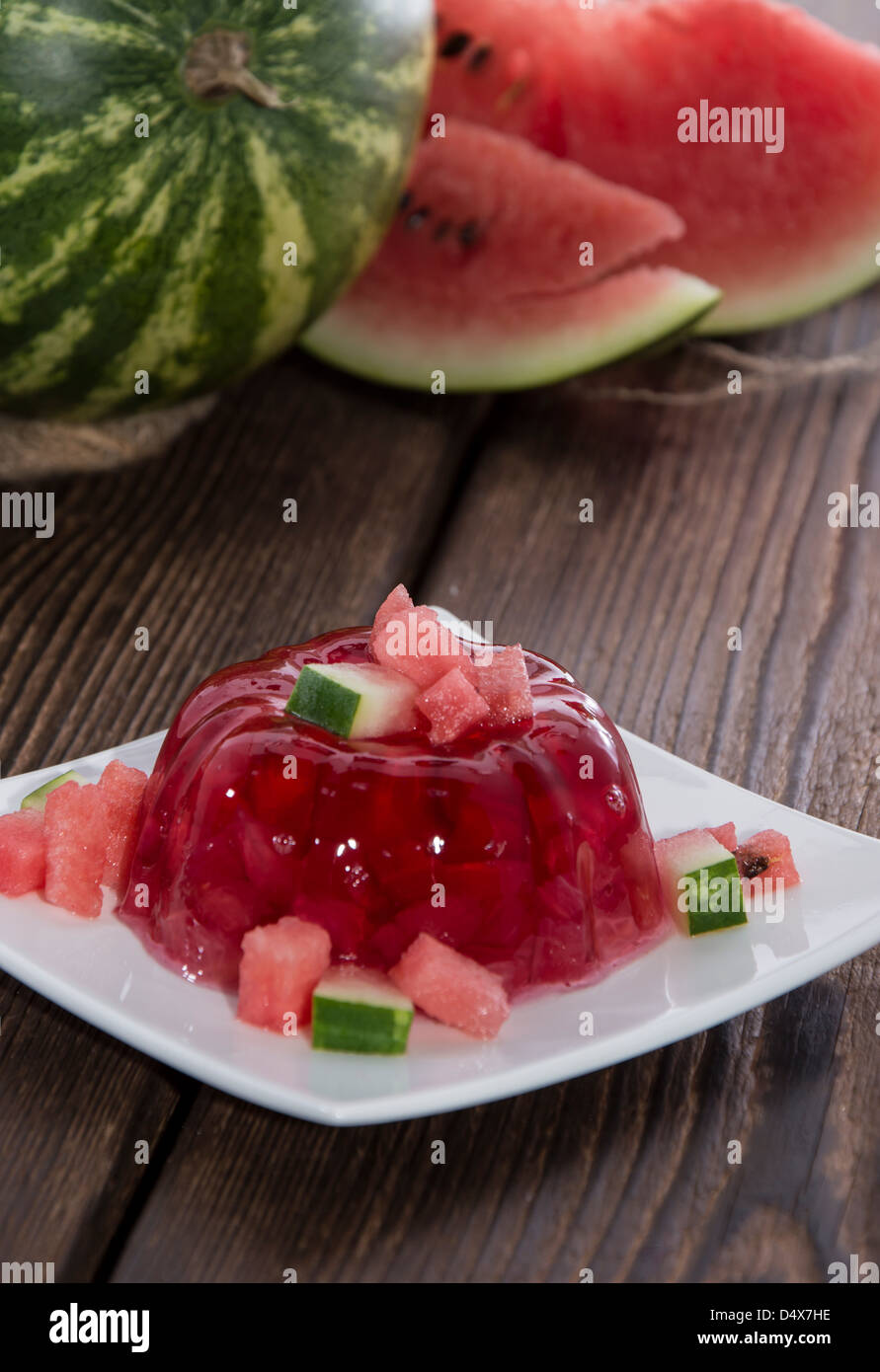 Fresh homemade Watermelon Jello (with fresh fruit pieces Stock Photo ...