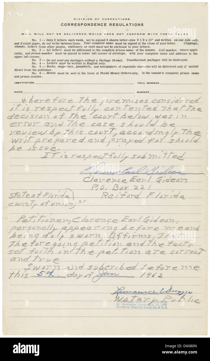 A document from Clarence Gideon's petition for a writ of certiorari to ...
