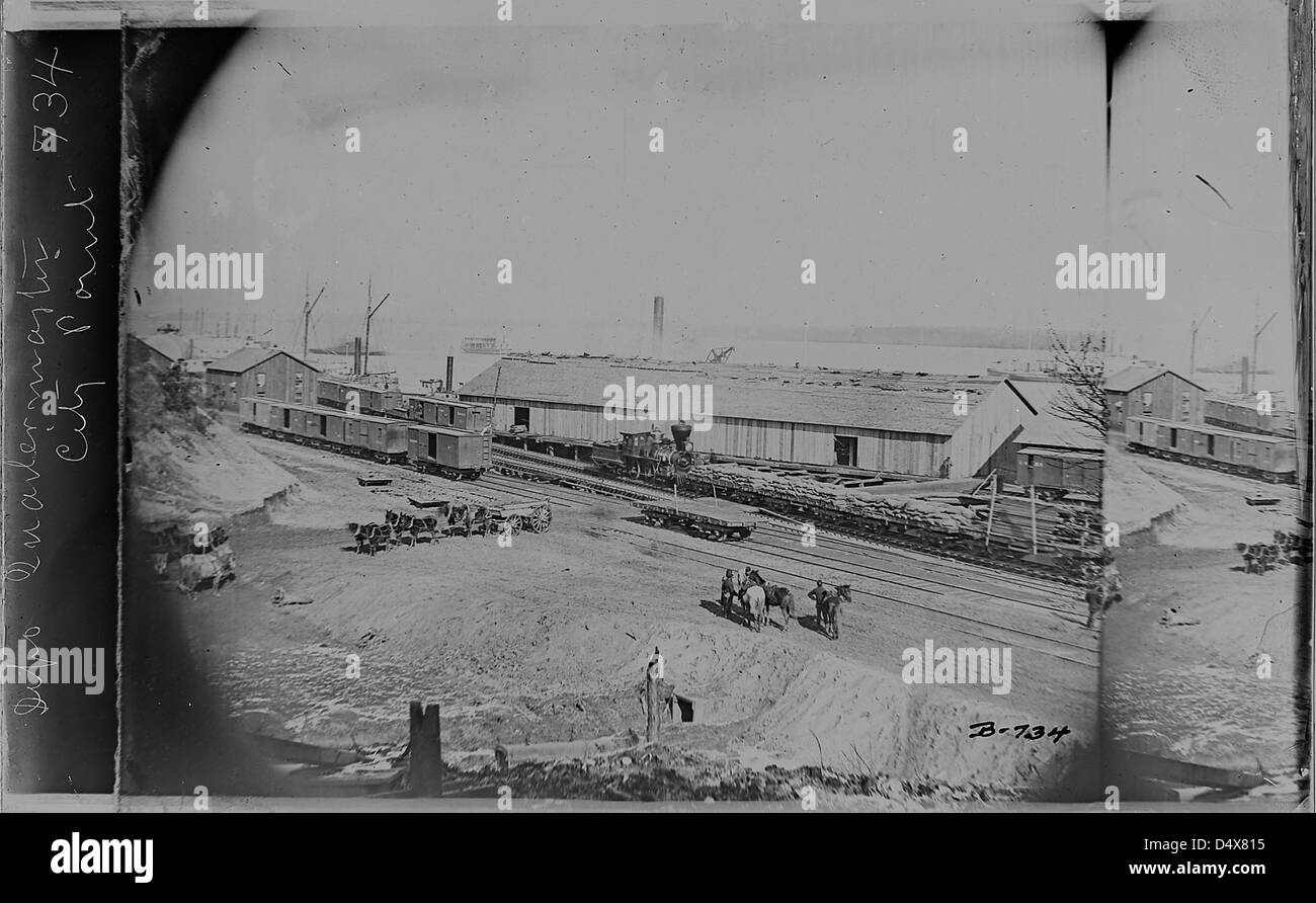 A photograph by Mathew Brady of the Quartermaster Depot at City Point ...