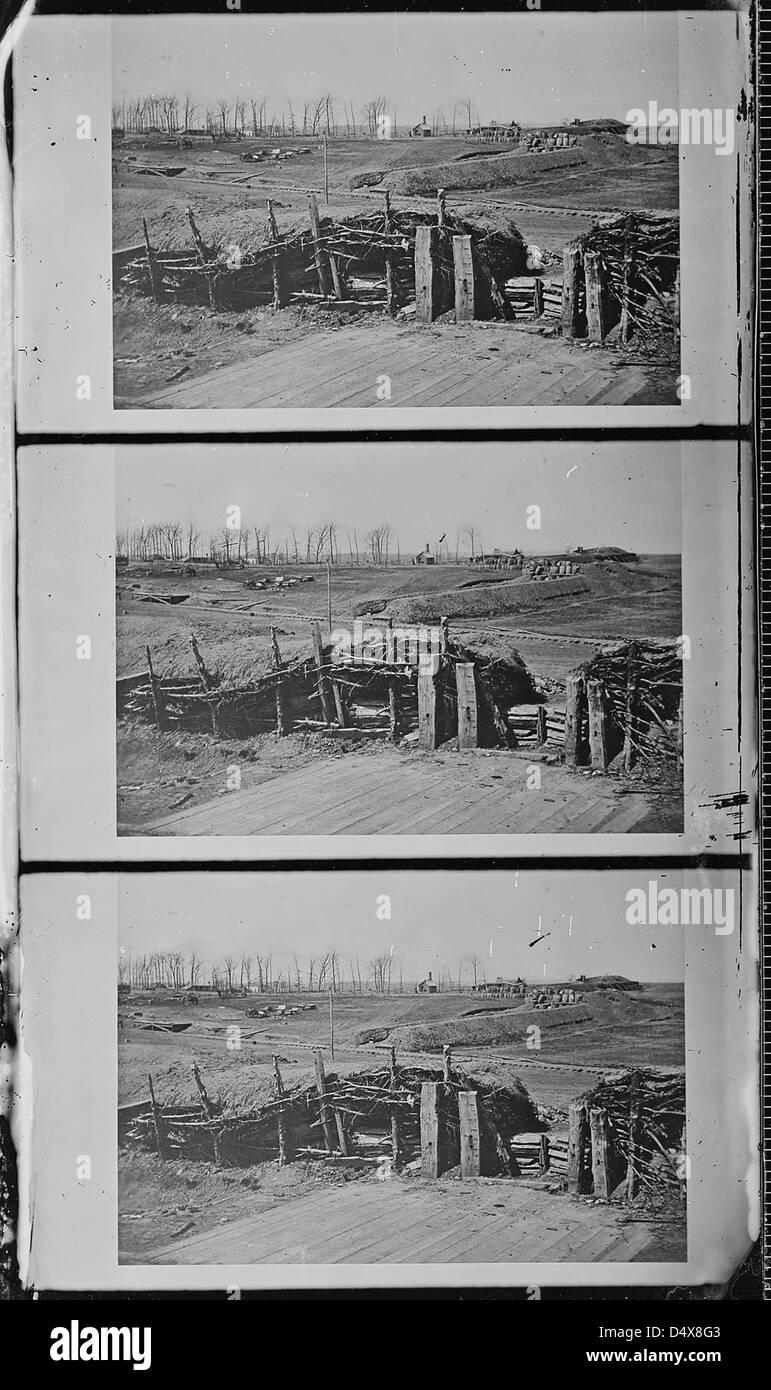 A photograph taken by Mathew Brady shows earthworks at the front lines ...