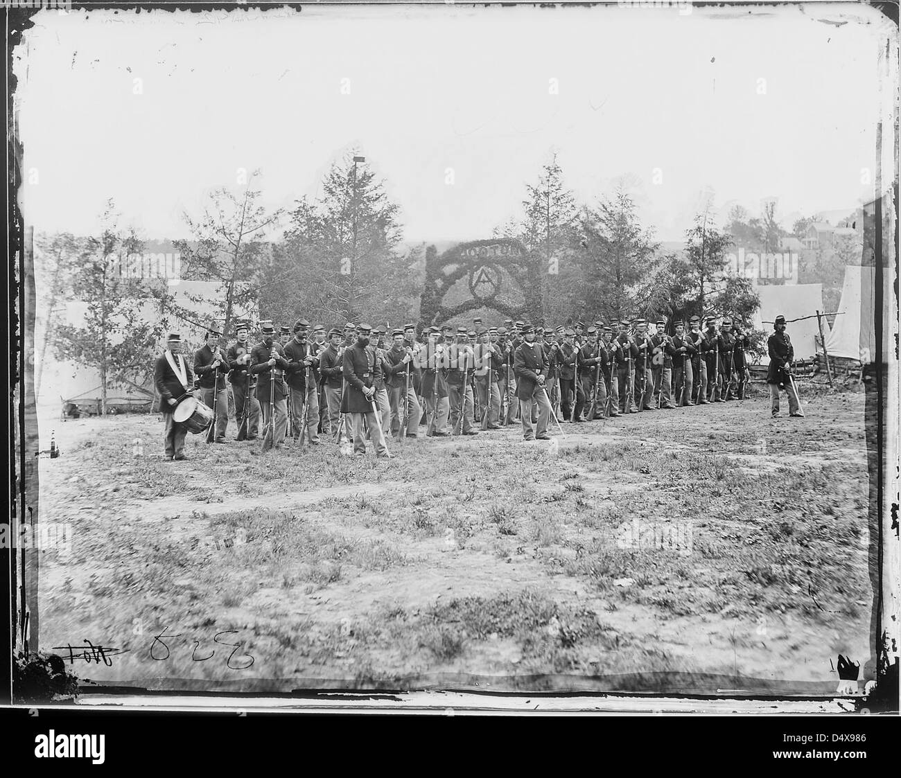 A Civil War infantry unit in formation, photographed by Mathew Brady, showing soldiers in ...