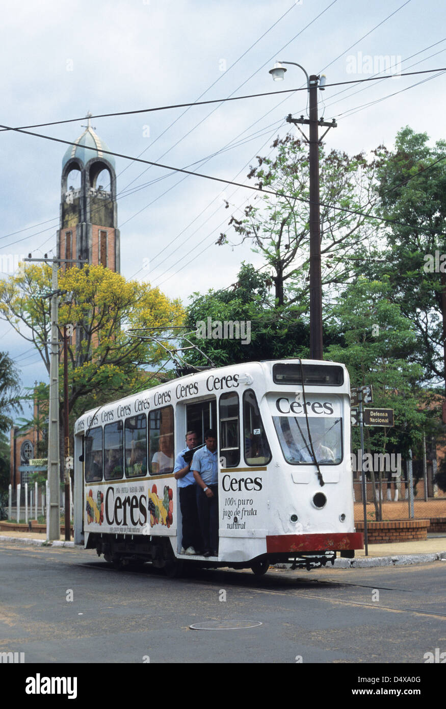 A tram (street car) branded with Financiera Familiar markings on the ...
