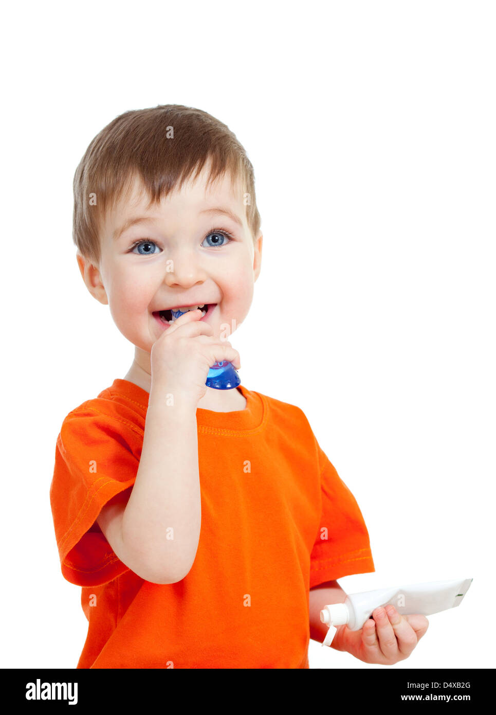 baby cleaning teeth and smiling, isolated on white background Stock ...